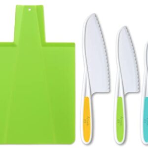 Tovla Jr Kids Kitchen Montessori Knives and Foldable Cutting Board Set: Children's Safety Cooking Knives in 3 Sizes & Colors/Firm Grip, Serrated Edges, BPA-Free Kids' /Safe Lettuce Knives (Green)