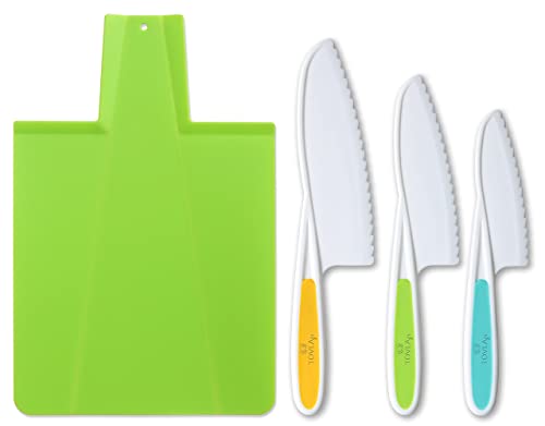 Tovla Jr Kids Kitchen Montessori Knives and Foldable Cutting Board Set: Children's Safety Cooking Knives in 3 Sizes & Colors/Firm Grip, Serrated Edges, BPA-Free Kids' /Safe Lettuce Knives (Green)