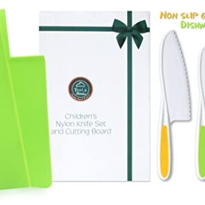 Tovla Jr Kids Kitchen Montessori Knives and Foldable Cutting Board Set: Children's Safety Cooking Knives in 3 Sizes & Colors/Firm Grip, Serrated Edges, BPA-Free Kids' /Safe Lettuce Knives (Green)