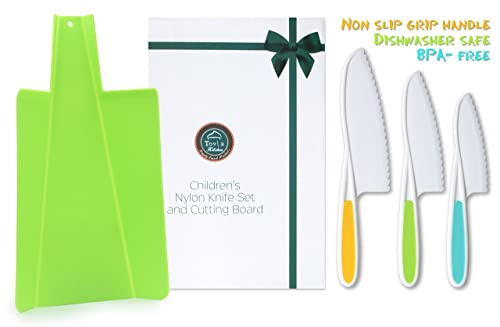 Tovla Jr Kids Kitchen Montessori Knives and Foldable Cutting Board Set: Children's Safety Cooking Knives in 3 Sizes & Colors/Firm Grip, Serrated Edges, BPA-Free Kids' /Safe Lettuce Knives (Green)