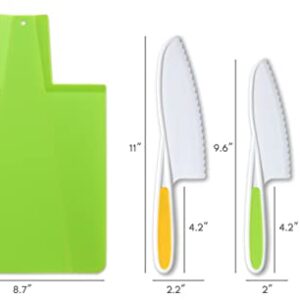 Tovla Jr Kids Kitchen Montessori Knives and Foldable Cutting Board Set: Children's Safety Cooking Knives in 3 Sizes & Colors/Firm Grip, Serrated Edges, BPA-Free Kids' /Safe Lettuce Knives (Green)