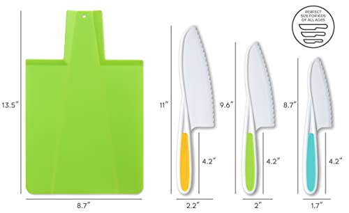 Tovla Jr Kids Kitchen Montessori Knives and Foldable Cutting Board Set: Children's Safety Cooking Knives in 3 Sizes & Colors/Firm Grip, Serrated Edges, BPA-Free Kids' /Safe Lettuce Knives (Green)