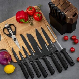 Knife Block Set, 15 Piece Kitchen Knife Set with 6 Steak Knife Set with Sharpener Chef Knife High German Carbon Stainless Steel Knife with Wooden Block Bread Knife Boxed