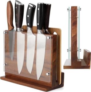 kitchen magnetic knife block with acrylic shield acacia wood double side knife holder rack stands with strong enhanced magnets multifunctional storage knife stand for kitchen cutlery display organizer