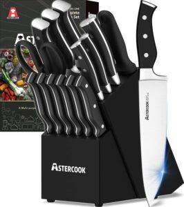 knife set, astercook 15 pieces knife sets for kitchen with block triple rivet high carbon stainless steel kitchen knife set with sharpener, dishwasher safe, black