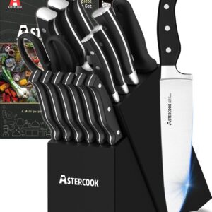 Knife Set, Astercook 15 Pieces Knife Sets for Kitchen with Block Triple Rivet High Carbon Stainless Steel Kitchen Knife Set with Sharpener, Dishwasher Safe, Black