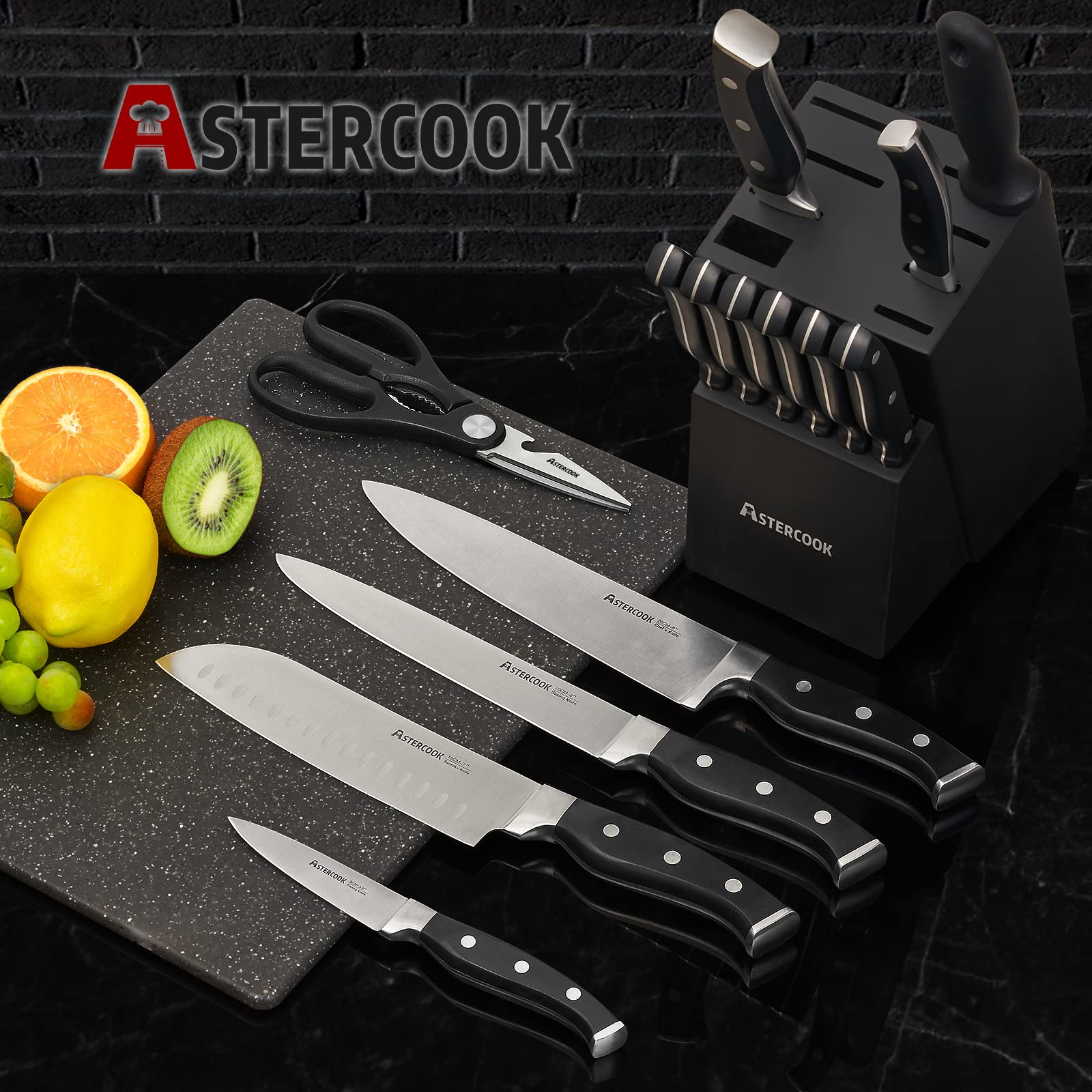 Knife Set, Astercook 15 Pieces Knife Sets for Kitchen with Block Triple Rivet High Carbon Stainless Steel Kitchen Knife Set with Sharpener, Dishwasher Safe, Black