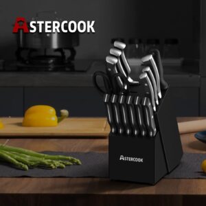 Knife Set, Astercook 15 Pieces Knife Sets for Kitchen with Block Triple Rivet High Carbon Stainless Steel Kitchen Knife Set with Sharpener, Dishwasher Safe, Black