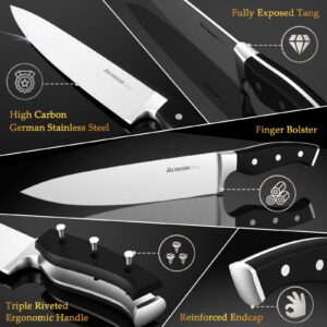 Knife Set, Astercook 15 Pieces Knife Sets for Kitchen with Block Triple Rivet High Carbon Stainless Steel Kitchen Knife Set with Sharpener, Dishwasher Safe, Black