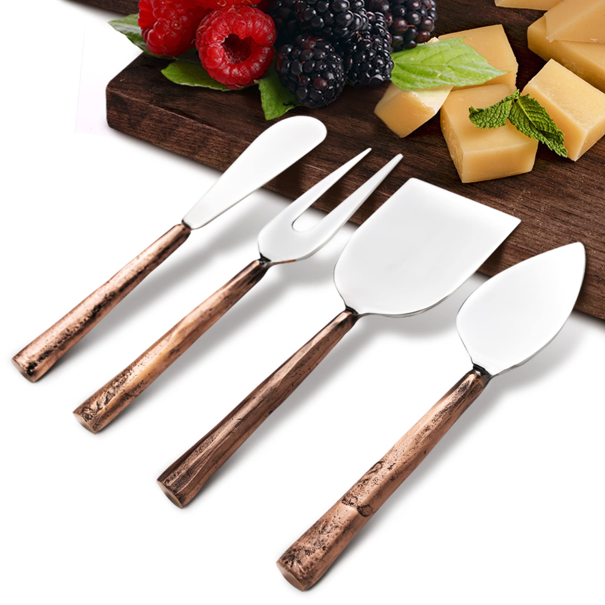 Foxglove Market Premium Cheese Knife Set - Set of 4 Hand-Forged Cheese Knives -Charcuterie Knife Set - Silver and Copper Stainless Steel - Cheese Knife Set For Charcuterie Board - Charcuterie Utensils