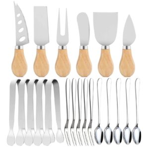 21pcs/pack spreader knife set,cheese butter spreader knife cheese slicer knife stainless steel blade with wooden handles mini serving tongs spoons and forks (option 1)