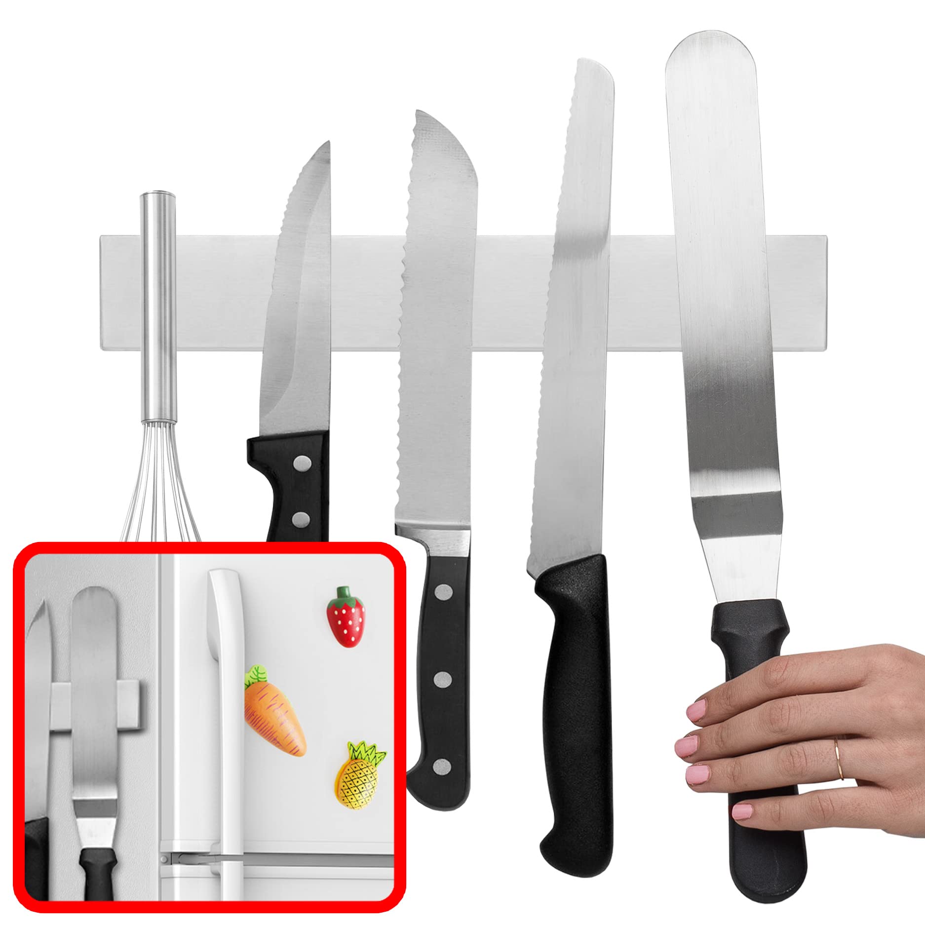 Modern Innovations 10 Inch Magnetic Knife Holder for Refrigerator, Magnetic Knife Holders for Fridge or Kitchen Wall No Drilling, Magnet Strips for Knives & Metal Utensils, Tool Rack, Stainless Steel