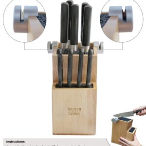 Bamboo Universal Knife Block - Knife Holder with 2 Built-In Knife Sharpeners - 2-Tiered Modern Knife Storage Up to 16 Large and Small Knives Easy Clean Wooden Knife Organizer by Kitchen Seven