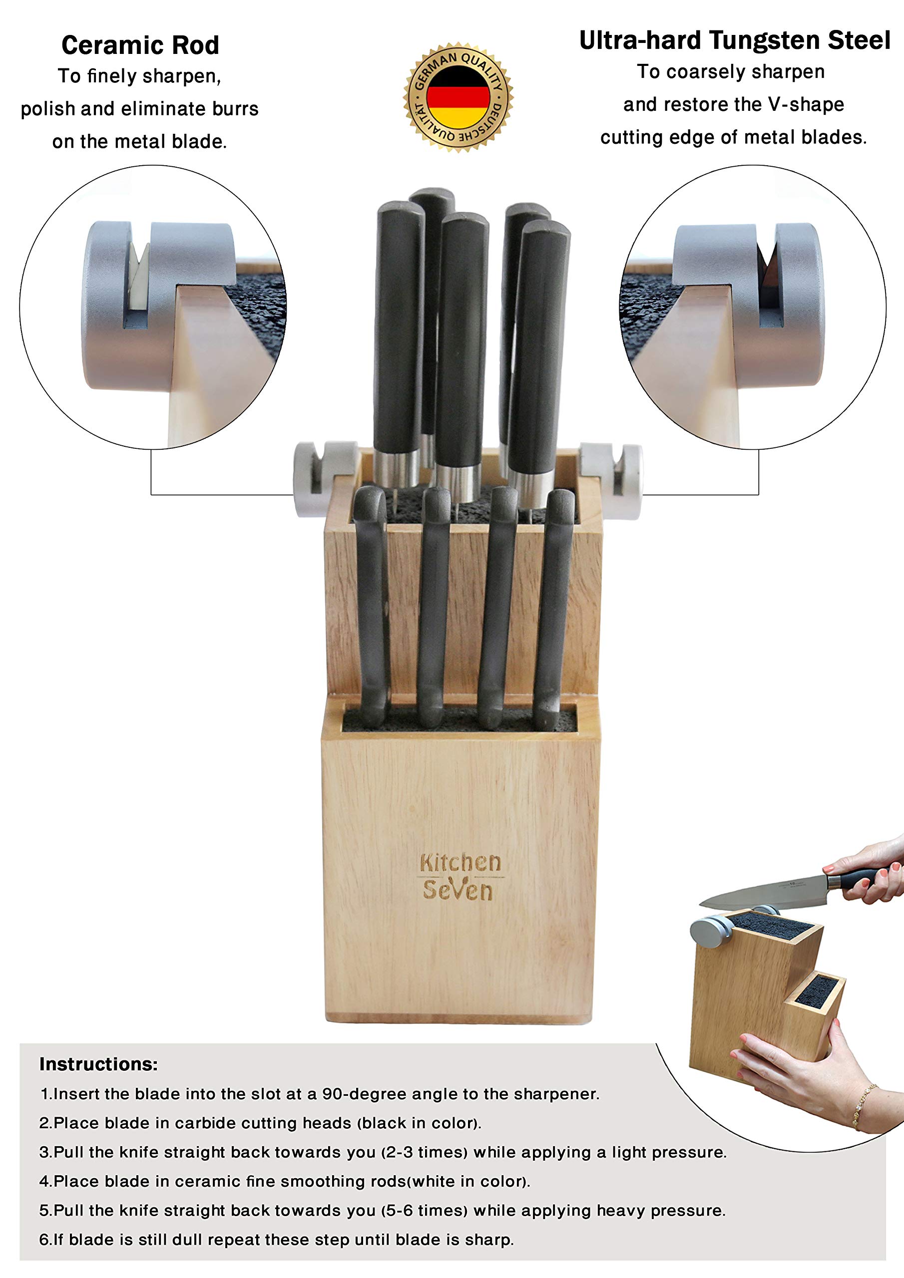 Bamboo Universal Knife Block - Knife Holder with 2 Built-In Knife Sharpeners - 2-Tiered Modern Knife Storage Up to 16 Large and Small Knives Easy Clean Wooden Knife Organizer by Kitchen Seven