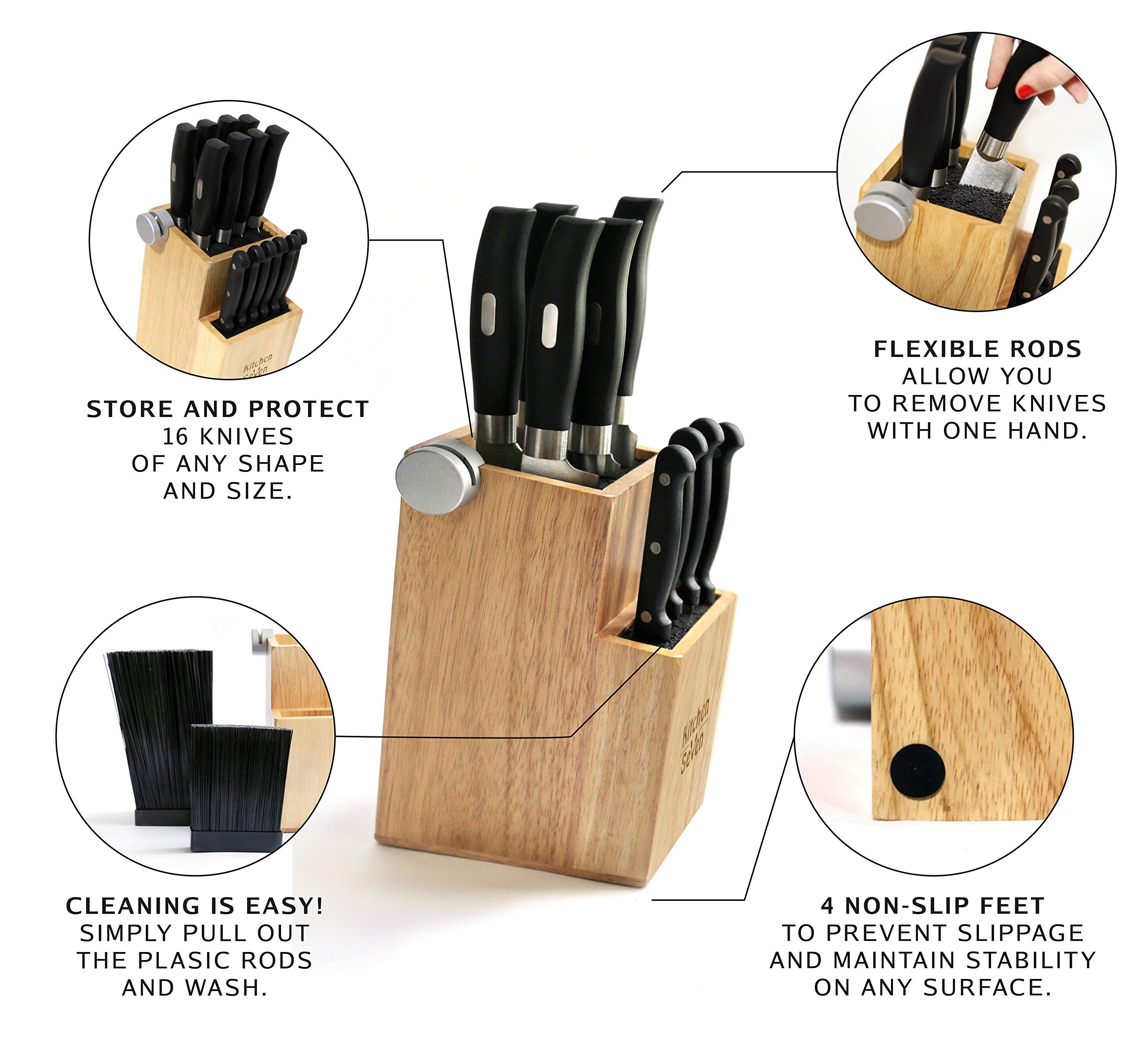 Bamboo Universal Knife Block - Knife Holder with 2 Built-In Knife Sharpeners - 2-Tiered Modern Knife Storage Up to 16 Large and Small Knives Easy Clean Wooden Knife Organizer by Kitchen Seven