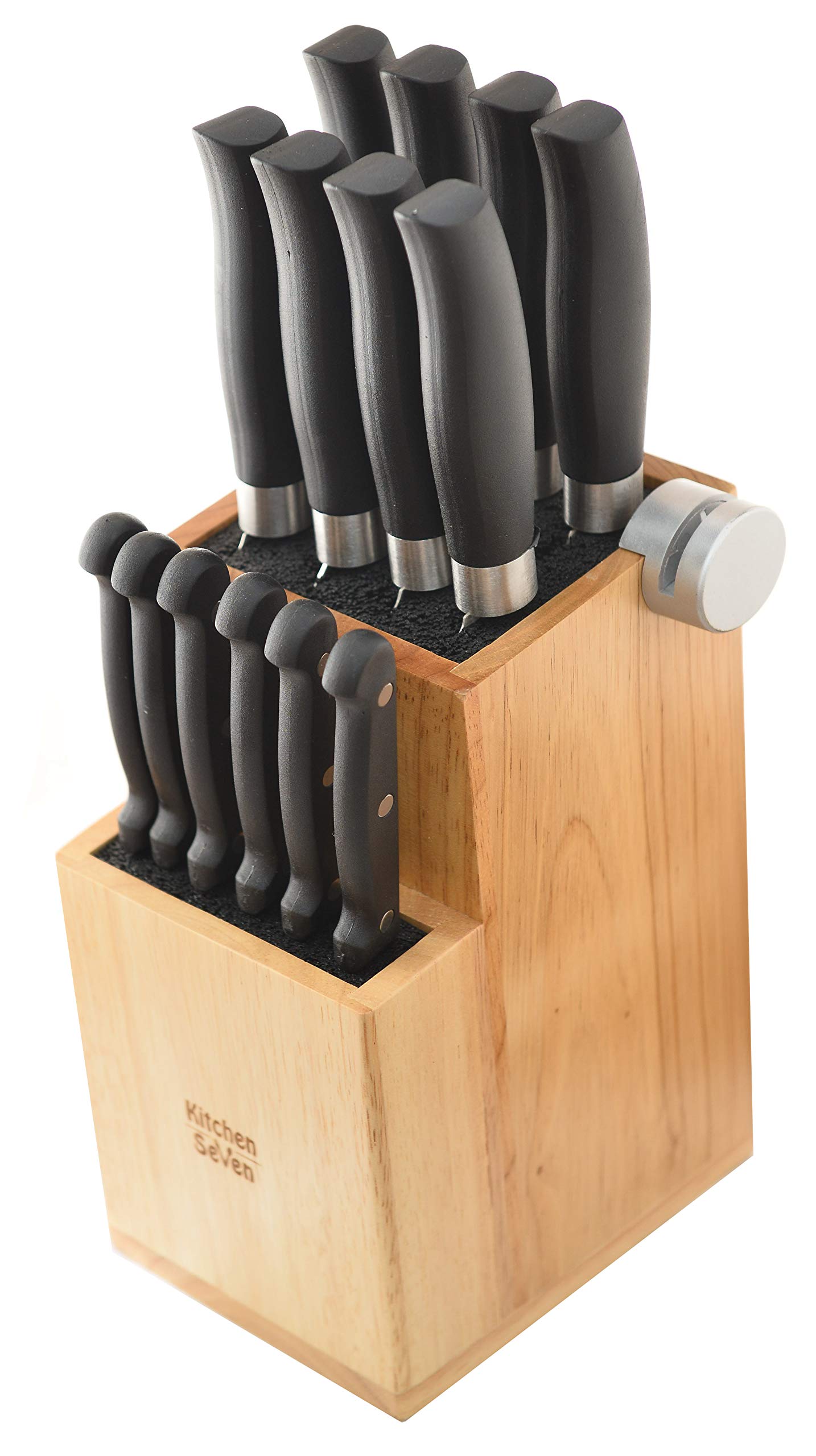 Bamboo Universal Knife Block - Knife Holder with 2 Built-In Knife Sharpeners - 2-Tiered Modern Knife Storage Up to 16 Large and Small Knives Easy Clean Wooden Knife Organizer by Kitchen Seven