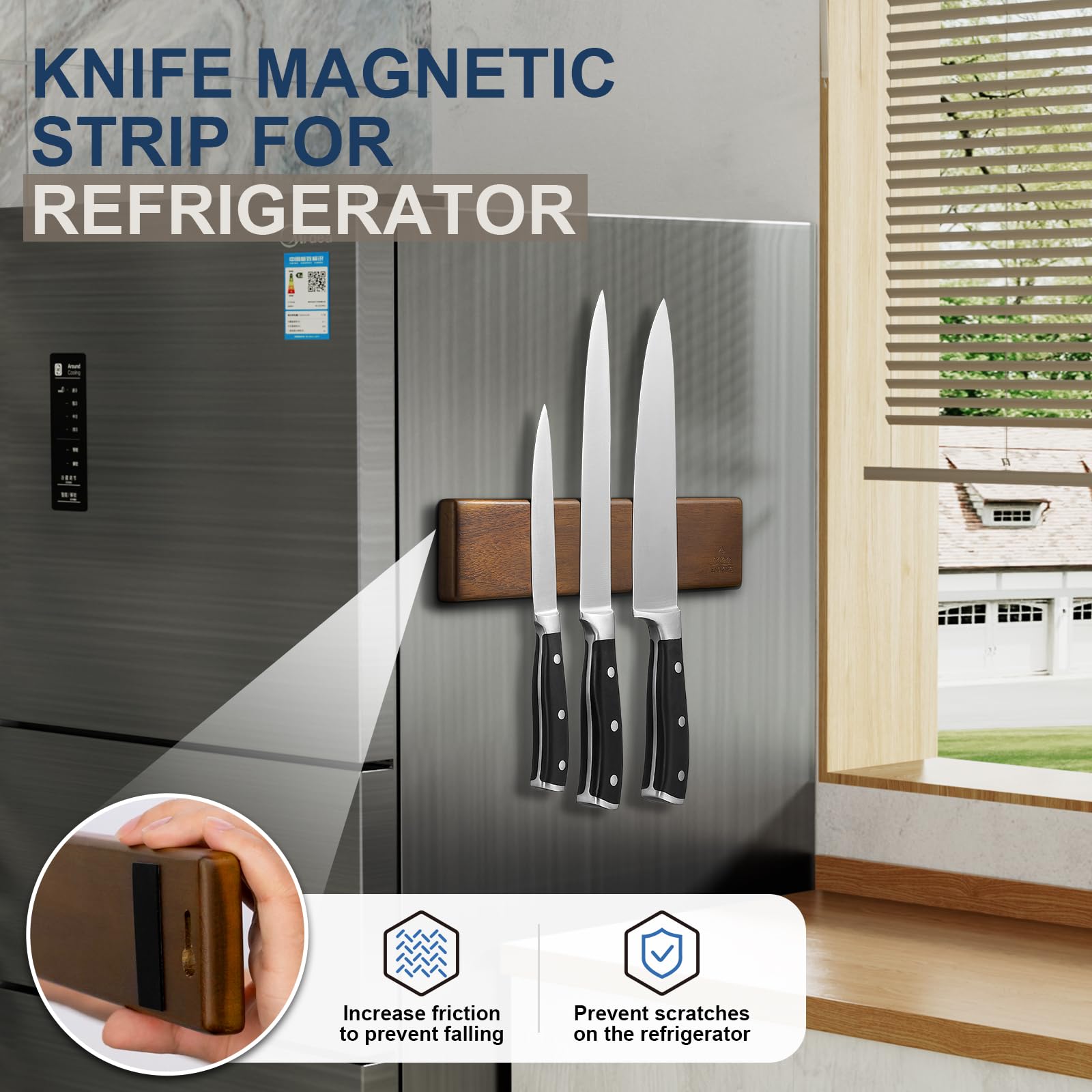 ENOKING Magnetic Knife Holder for Wall, 10 Inch Powerful Magnetic Knife Holder for Refrigerator, Knife Magnetic Strip No Drilling Acacia Wood Wall Knife Holder Magnet Magnetic Knife Bar with 2 Hooks