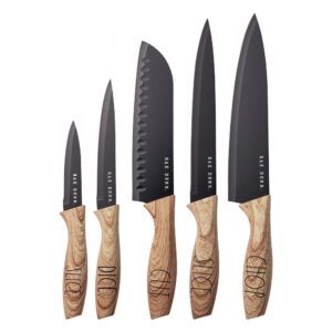 rae dunn everyday collection set of 5 stainless steel knives with sheaths- chef, paring, bread, santoku knives- (black)