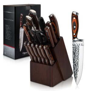 kitchen knife sets with block, 15-piece high carbon stainless steel knife block set with sharpener, ultra-sharp kitchen knives with triple rivet wood handle perfect for cooking cut