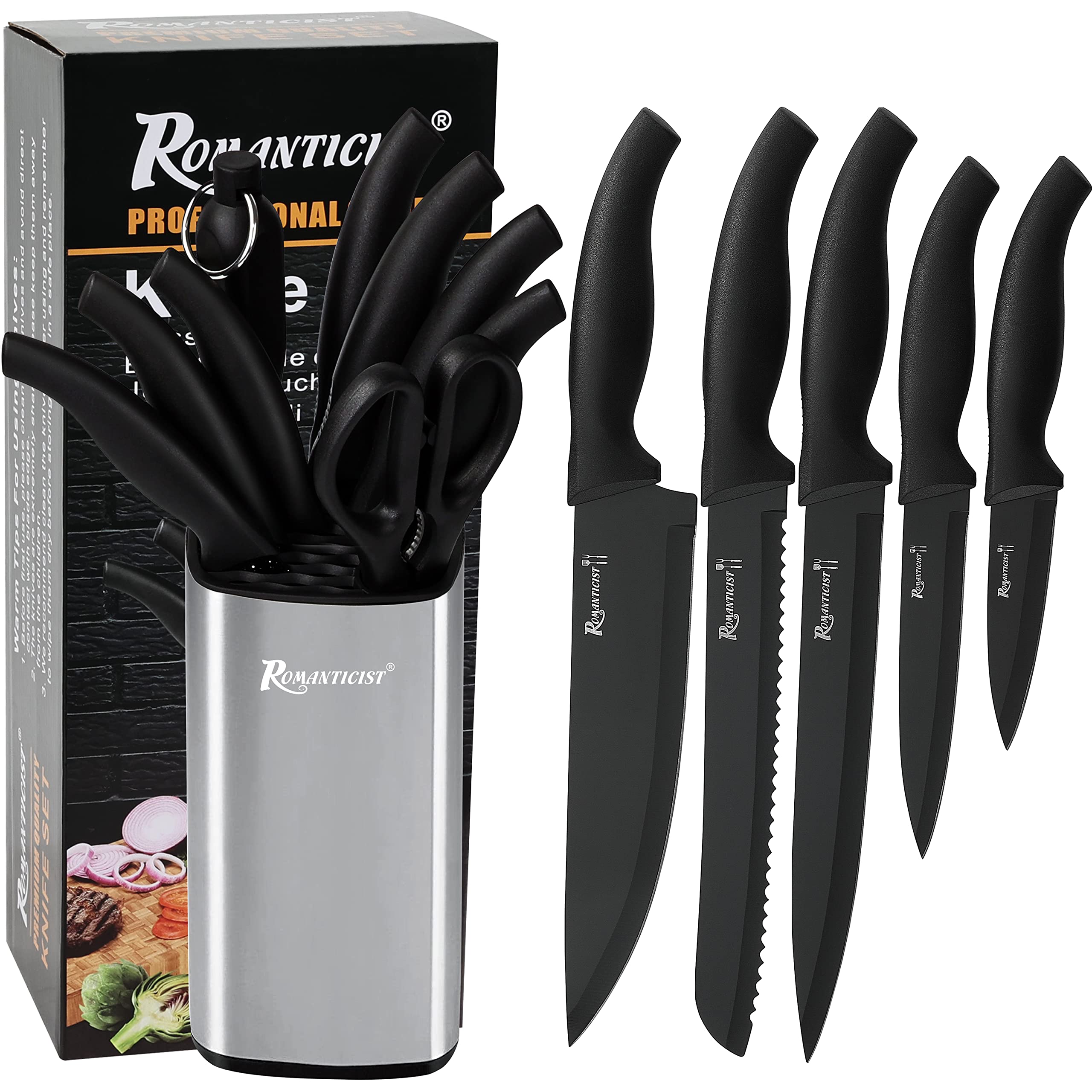 ROMANTICIST Kitchen Knife Set with Block - 8PCS High Carbon Stainless Steel with Chef Knife, Slicer Knife - Best Kitchen Knife Set Gift for Professional Chef Home Cooks