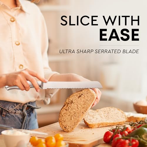 Zulay Kitchen Serrated Bread Knife - Ultra Sharp Stainless Steel Bread Knife for Homemade Bread, Cakes & Bagels - Razor Sharp Wavy Edge Bread Cutter & Slicer - 8-Inch Blade with 5-Inch Handle