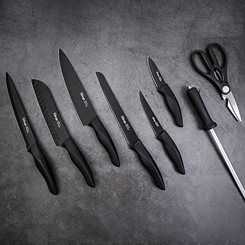 Knife Set, 16 Piece Kitchen Knives Set with Block, High Carbon Stainless Steel for Anti-rusting Knife Block Sets, Acrylic Stand for Black Chef Knife Steak Knives with Peeler Scissors,Dishwasher Safe