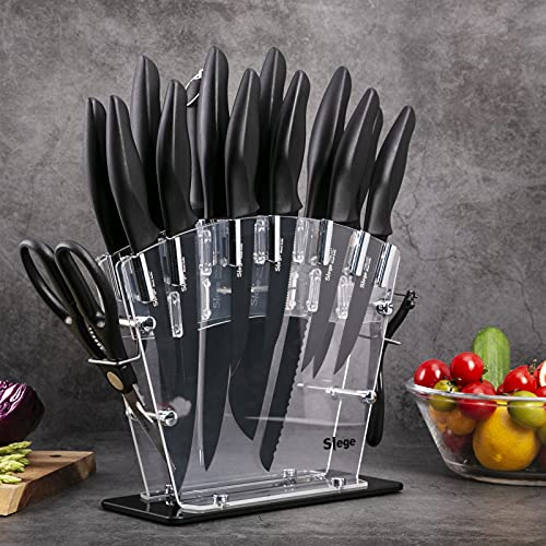 Knife Set, 16 Piece Kitchen Knives Set with Block, High Carbon Stainless Steel for Anti-rusting Knife Block Sets, Acrylic Stand for Black Chef Knife Steak Knives with Peeler Scissors,Dishwasher Safe