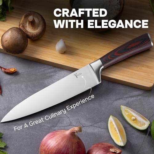 TICO Ultra Sharp 8 inch Chef's Knife - German Carbon Steel Blade, Ergonomic Pakka Wood Handle - Professional Kitchen Knife for Chopping, Cutting, Thinly Slicing Meats & Vegetables