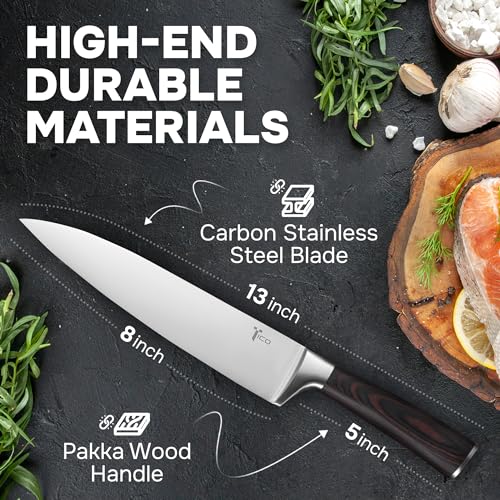 TICO Ultra Sharp 8 inch Chef's Knife - German Carbon Steel Blade, Ergonomic Pakka Wood Handle - Professional Kitchen Knife for Chopping, Cutting, Thinly Slicing Meats & Vegetables