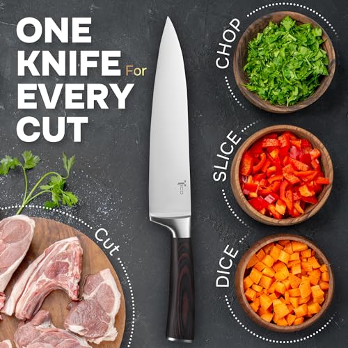 TICO Ultra Sharp 8 inch Chef's Knife - German Carbon Steel Blade, Ergonomic Pakka Wood Handle - Professional Kitchen Knife for Chopping, Cutting, Thinly Slicing Meats & Vegetables