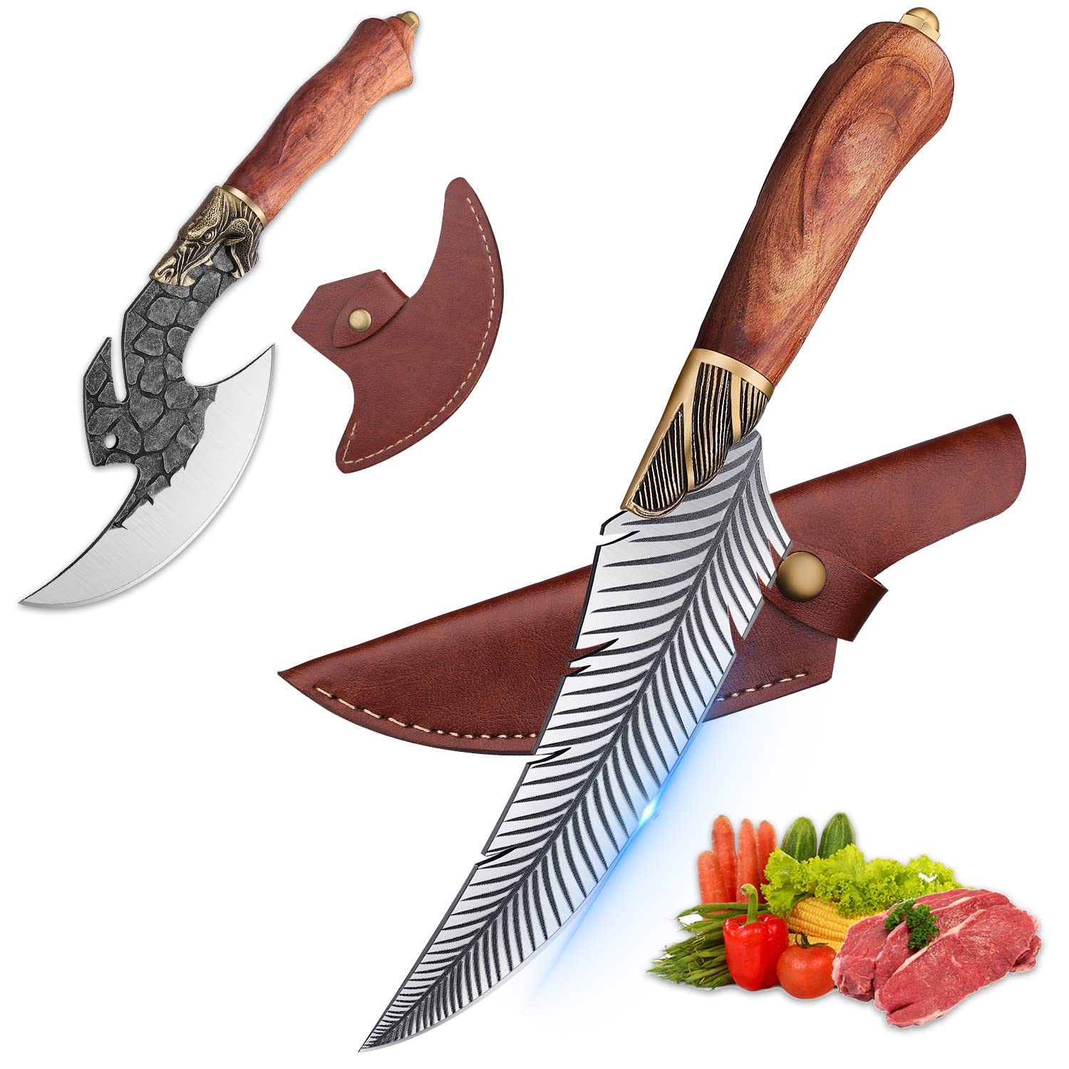 ROCOCO 5.9” Japanese Feather Viking Boning Cleaver Knife Set Forged in Fire Kitchen with Sheath for Outdoor Camping BBQ Christmas Gift Men