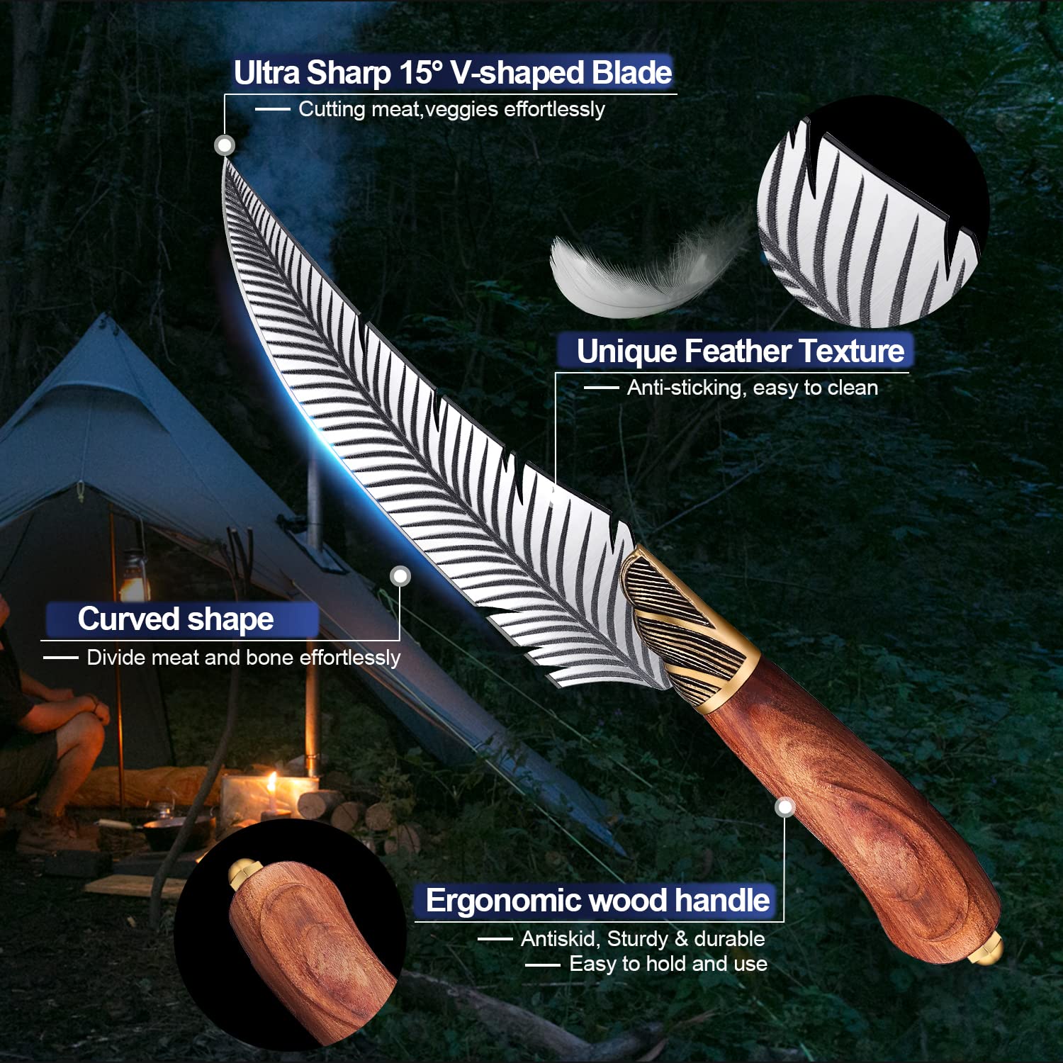 ROCOCO 5.9” Japanese Feather Viking Boning Cleaver Knife Set Forged in Fire Kitchen with Sheath for Outdoor Camping BBQ Christmas Gift Men