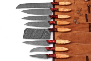 best knife handmade professional kitchen damascus knife set, 8pcs best damascus steel chef kitchen knif set with storage roll case bag, high carbon japanese style bbq butcher knives set