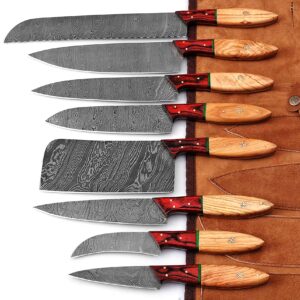 Best knife Handmade Professional Kitchen Damascus Knife Set, 8pcs Best Damascus Steel Chef Kitchen Knif set With Storage Roll Case Bag, High Carbon Japanese style BBQ Butcher Knives Set