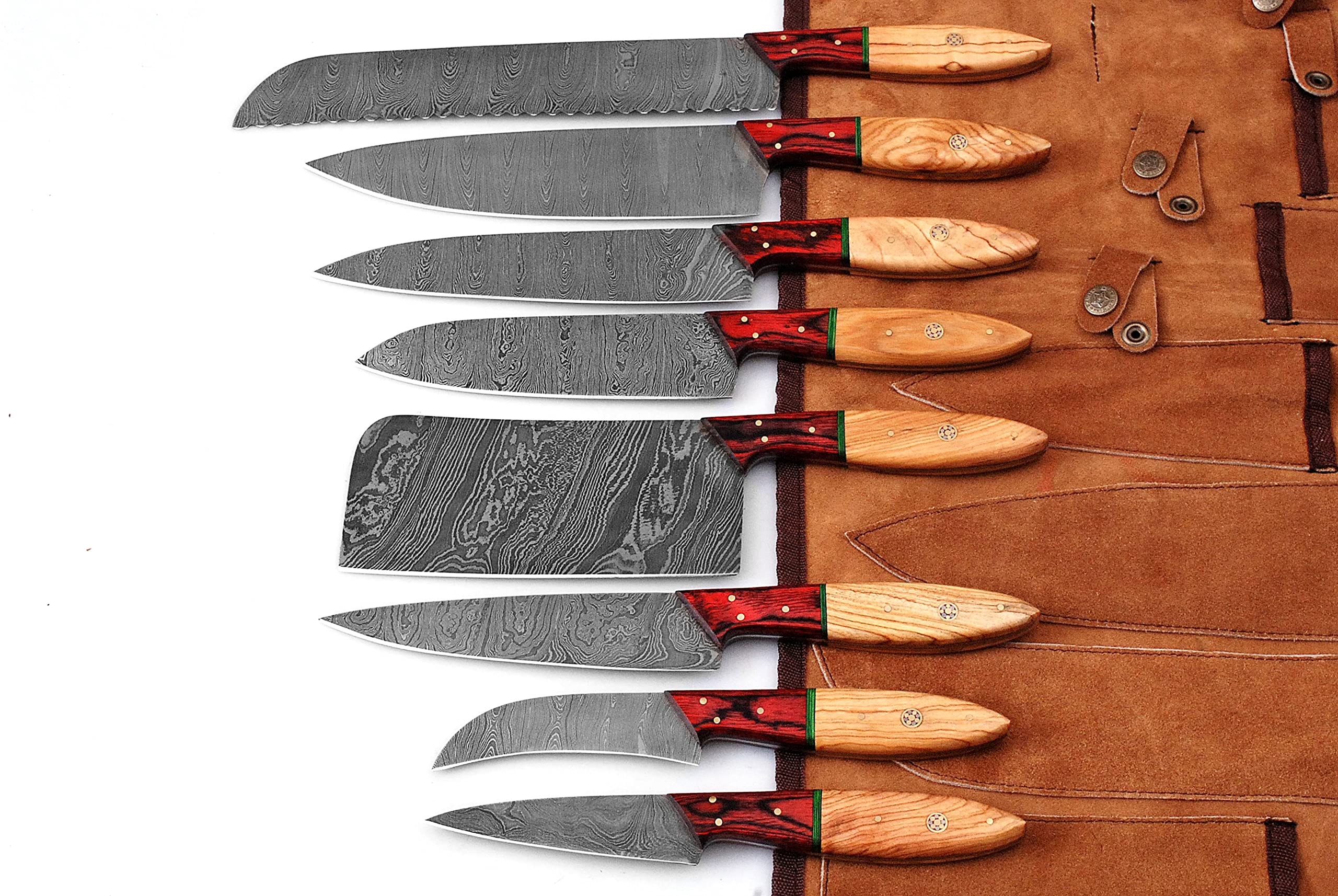 Best knife Handmade Professional Kitchen Damascus Knife Set, 8pcs Best Damascus Steel Chef Kitchen Knif set With Storage Roll Case Bag, High Carbon Japanese style BBQ Butcher Knives Set