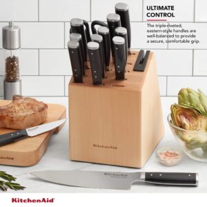 KitchenAid Gourmet 14-Piece Forged Triple Rivet Block Set with Built-in Knife Sharpener, Natural & Classic Nonslip 2 Piece Plastic Cutting Board, Set of 2, White