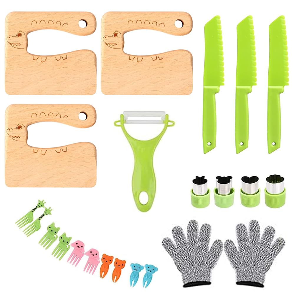 6 Pieces Kids Knife Set Include Wooden Toddler Knive Kids Safe Knifes for Real Cooking Kids Knifes Plastic Serrated Edges Children Knife Potato Slicers Cooking Knives for Kitchen