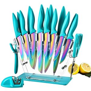 rainbow knife set 18 pcs kitchen knives set sharp stainless steel knife sets contain 8 steak knives sharpener peeler clear acrylic stand beautiful knife best gift (turquoise 18pcs set)