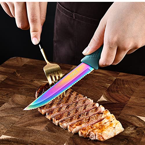 Rainbow Knife Set 18 Pcs Kitchen Knives Set Sharp Stainless Steel Knife Sets Contain 8 Steak Knives Sharpener Peeler Clear Acrylic Stand Beautiful Knife Best Gift (Turquoise 18PCS Set)