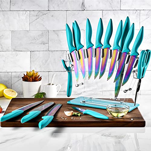 Rainbow Knife Set 18 Pcs Kitchen Knives Set Sharp Stainless Steel Knife Sets Contain 8 Steak Knives Sharpener Peeler Clear Acrylic Stand Beautiful Knife Best Gift (Turquoise 18PCS Set)