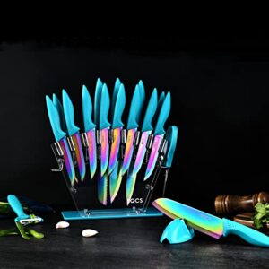 Rainbow Knife Set 18 Pcs Kitchen Knives Set Sharp Stainless Steel Knife Sets Contain 8 Steak Knives Sharpener Peeler Clear Acrylic Stand Beautiful Knife Best Gift (Turquoise 18PCS Set)