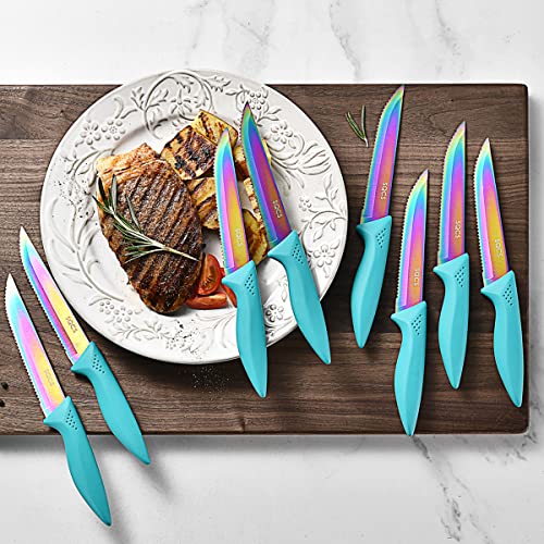 Rainbow Knife Set 18 Pcs Kitchen Knives Set Sharp Stainless Steel Knife Sets Contain 8 Steak Knives Sharpener Peeler Clear Acrylic Stand Beautiful Knife Best Gift (Turquoise 18PCS Set)