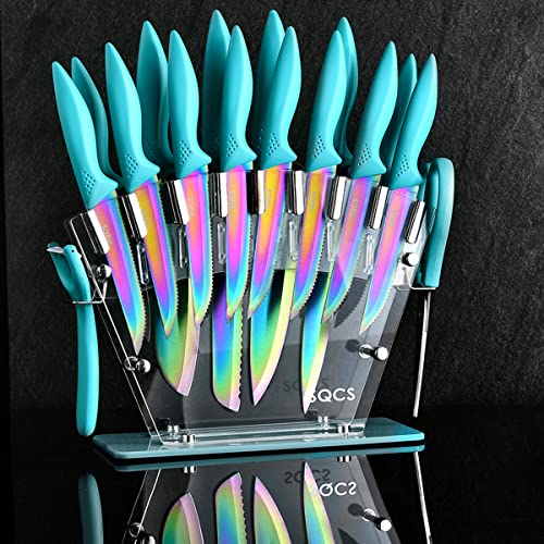 Rainbow Knife Set 18 Pcs Kitchen Knives Set Sharp Stainless Steel Knife Sets Contain 8 Steak Knives Sharpener Peeler Clear Acrylic Stand Beautiful Knife Best Gift (Turquoise 18PCS Set)