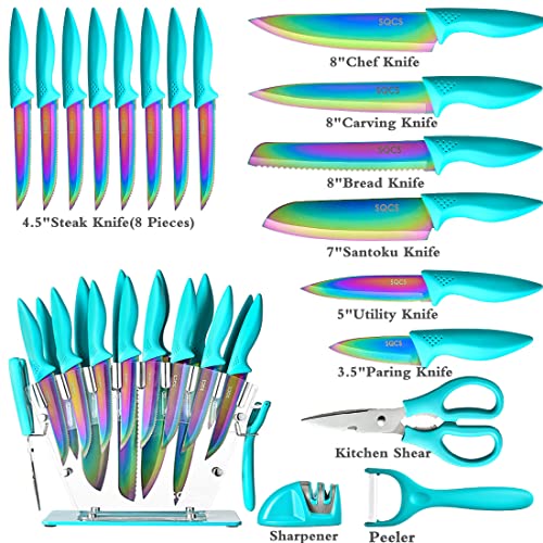 Rainbow Knife Set 18 Pcs Kitchen Knives Set Sharp Stainless Steel Knife Sets Contain 8 Steak Knives Sharpener Peeler Clear Acrylic Stand Beautiful Knife Best Gift (Turquoise 18PCS Set)