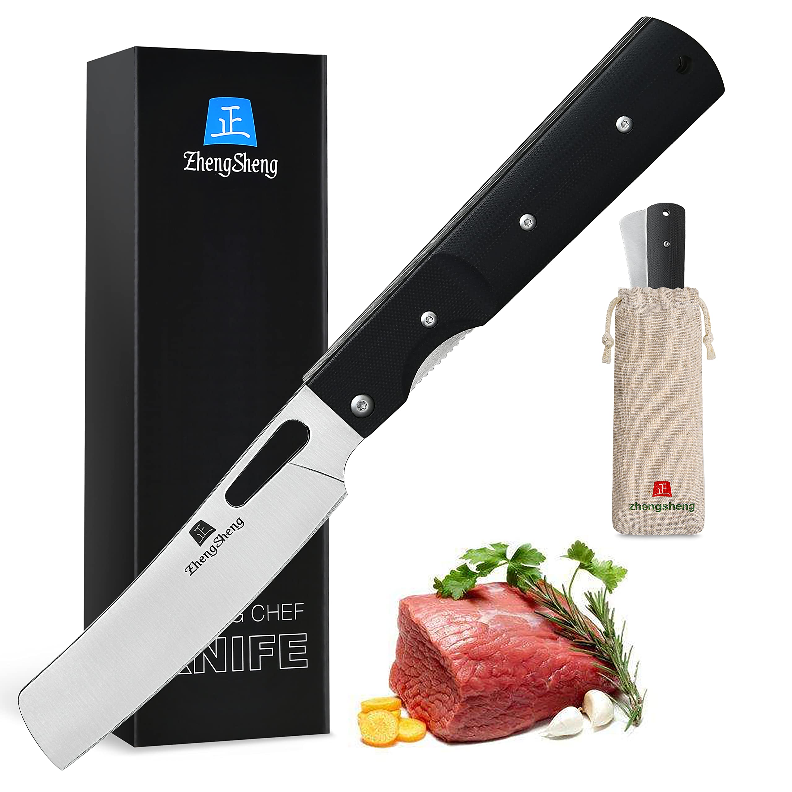 ZhengSheng Folding Chef Knife 4.8" Sharp 440A Stainless Steel Blade G10 Handle Pocket Foldable Kitchen Knife Utility Knife for Outdoor Camping Cooking