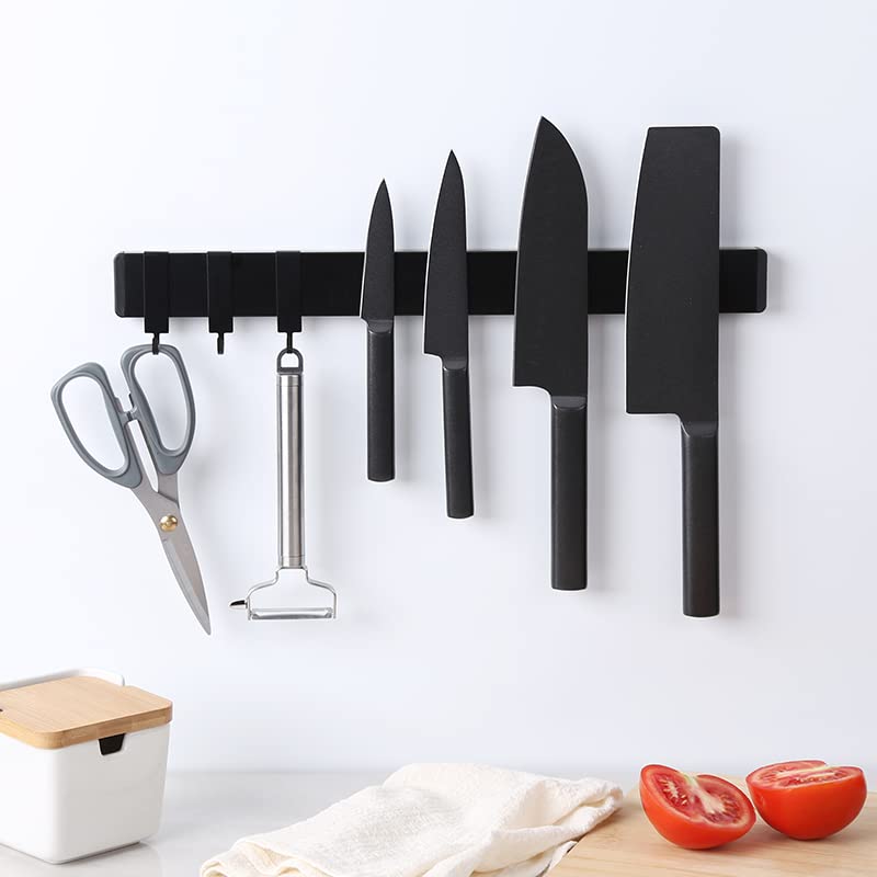 KITCHENDAO Stainless Steel Magnetic Knife Rack Strip Holder with 3 Hooks 16 Inch, 25% Stronger Magnet, Adhesive Magnetic Knife bar Rack No Drilling