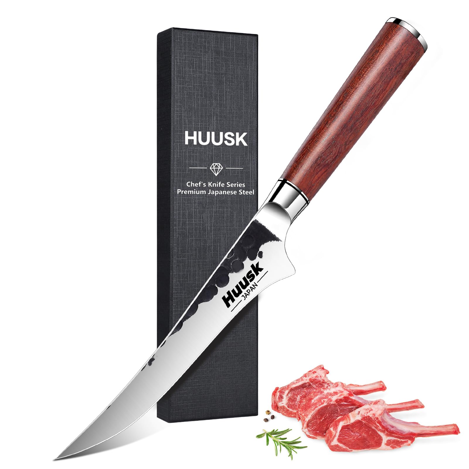 Huusk Boning Knife, Hand Forged 6" Fillet Knife, Butcher Knife Japanese Deboning Knife for Meat, Fish, Poultry, Rosewood Handle with Gift Box