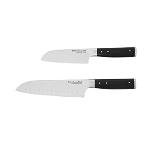 kitchenaid gourmet forged triple rivet santoku knife set with custom-fit blade covers, 7-inch santoku knife, 5-inch santoku knife, 2-piece set, high-carbon japanese stainless steel blades, black