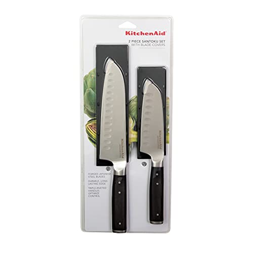 KitchenAid Gourmet Forged Triple Rivet Santoku Knife Set with Custom-Fit Blade Covers, 7-inch Santoku Knife, 5-inch Santoku Knife, 2-Piece Set, High-Carbon Japanese Stainless Steel Blades, Black