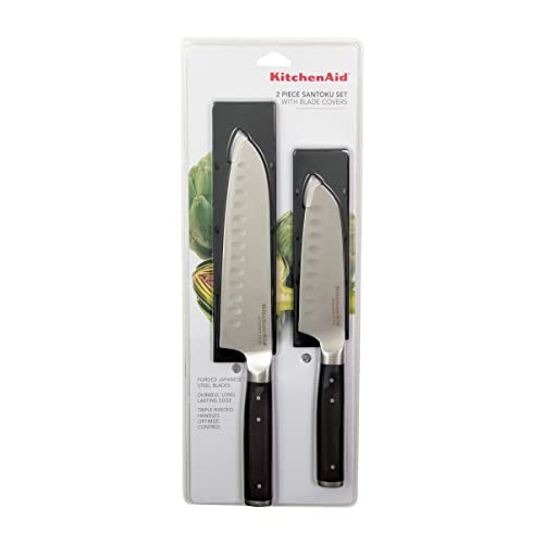 KitchenAid Gourmet Forged Triple Rivet Santoku Knife Set with Custom-Fit Blade Covers, 7-inch Santoku Knife, 5-inch Santoku Knife, 2-Piece Set, High-Carbon Japanese Stainless Steel Blades, Black